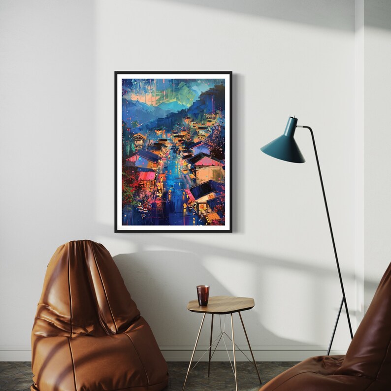 Sapa Town Vietnam Art Print Night Scene Village Painting Mountain ...