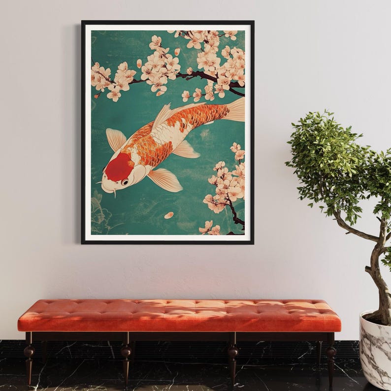 Vintage Japanese Koi Fish Art Print Pink Cherry Blossoms Painting ...