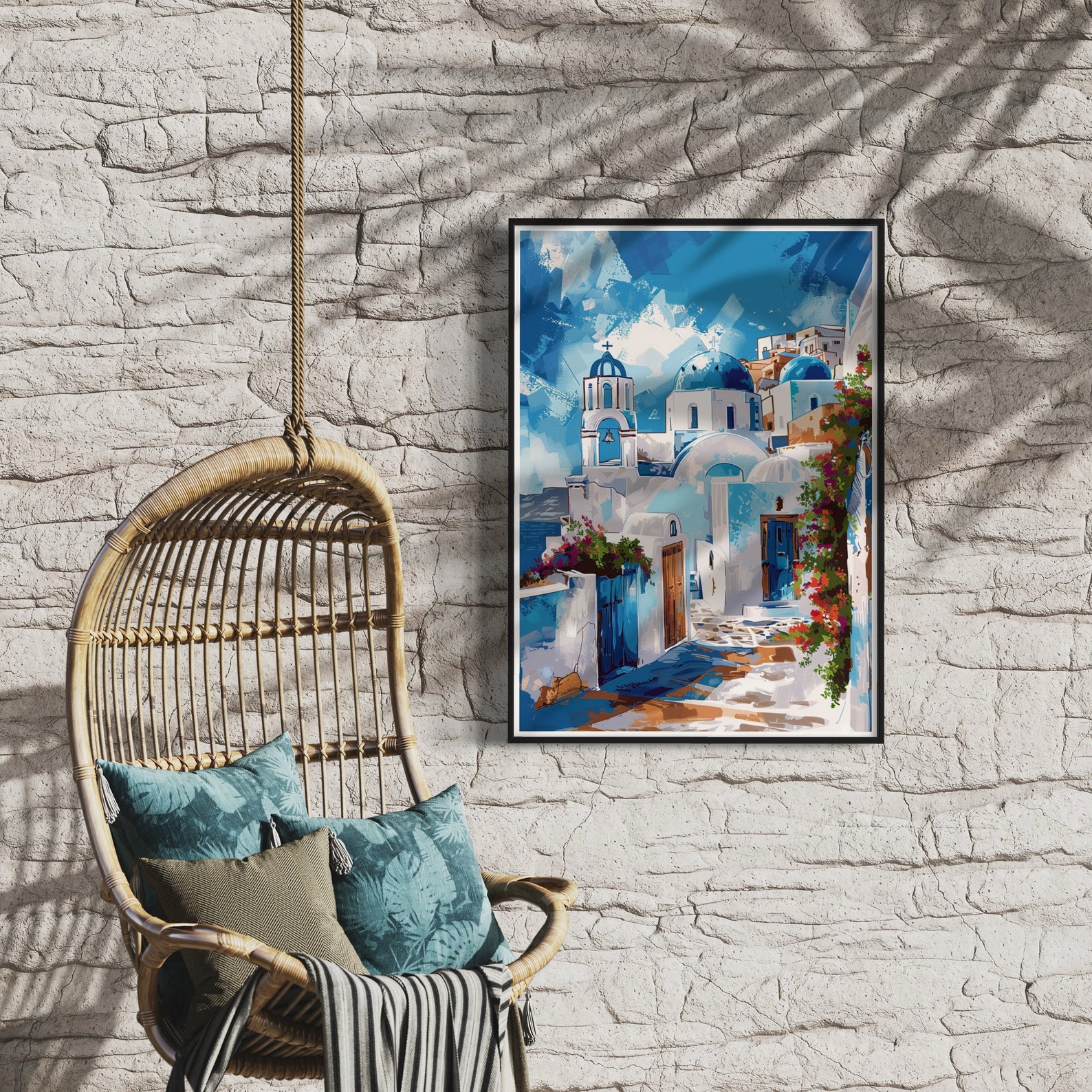 Greek Architecture Art Print Santorini With Blue Domes Painting ...