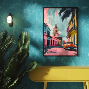 Cuba Style Pop Art Print Retro Havana Orange Classic Car Painting Palm ...