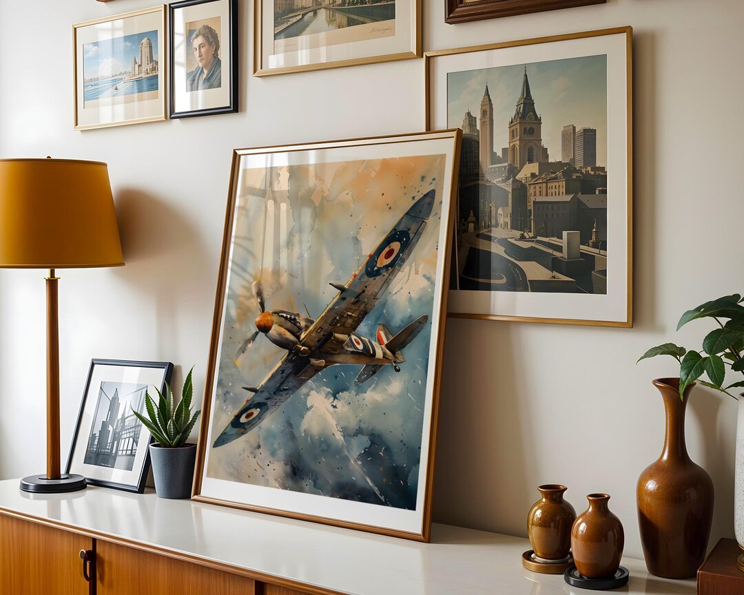 Graceful Spitfire Art Print Vintage Watercolour Plane Soaring Poster ...