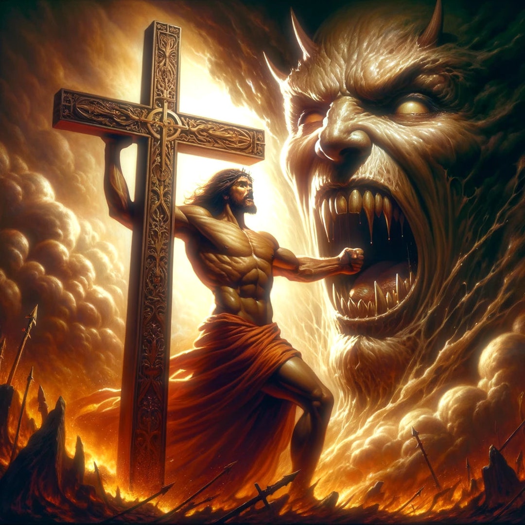 Jesus Fights Devil AI Art Christian Art Printable Wall Art Home Decor ...