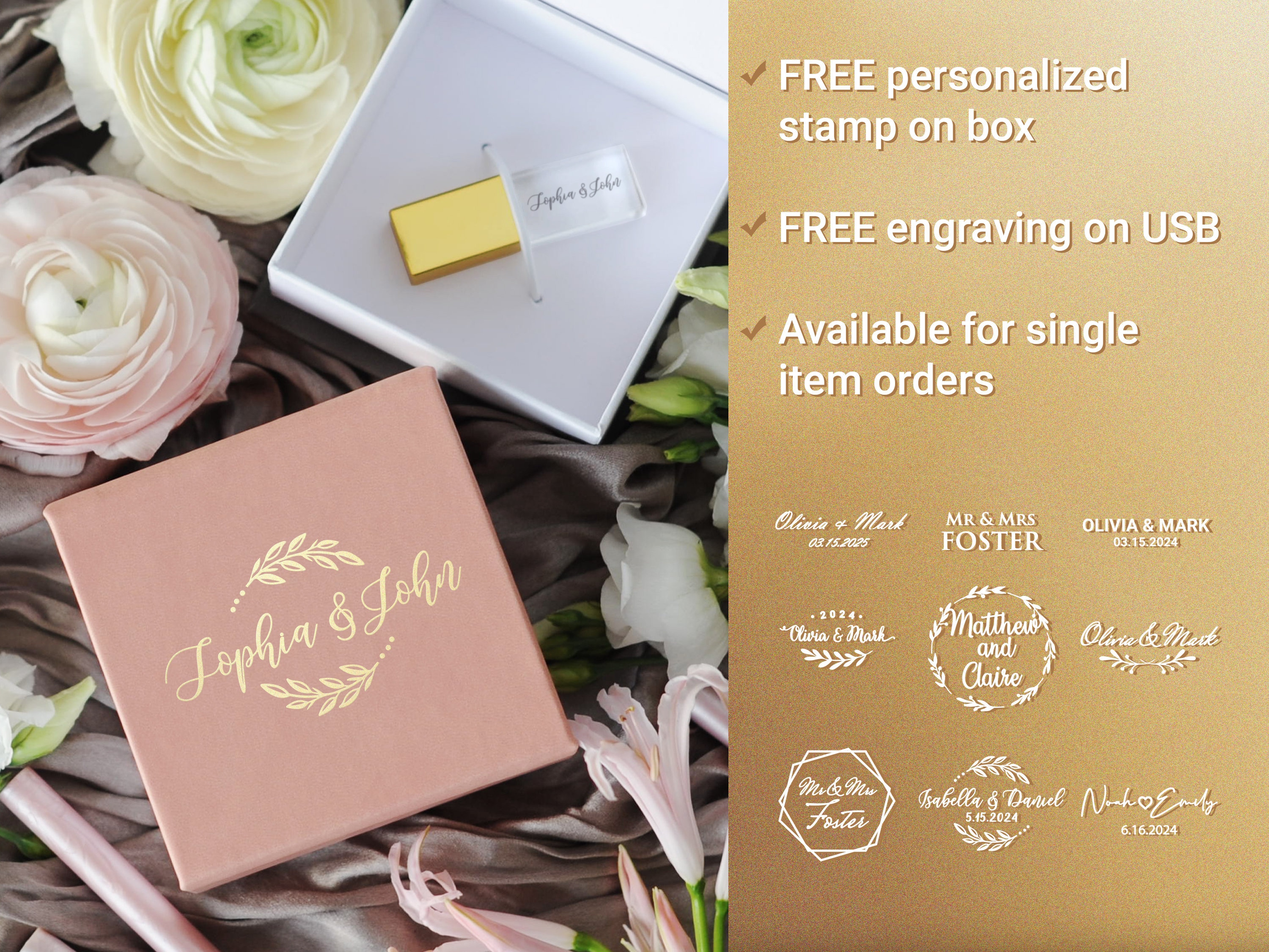 Custom USB Box and USB Drive, Wedding Glass Engraved USB Flash Drive 8-16-32gb Gold, Silver ...