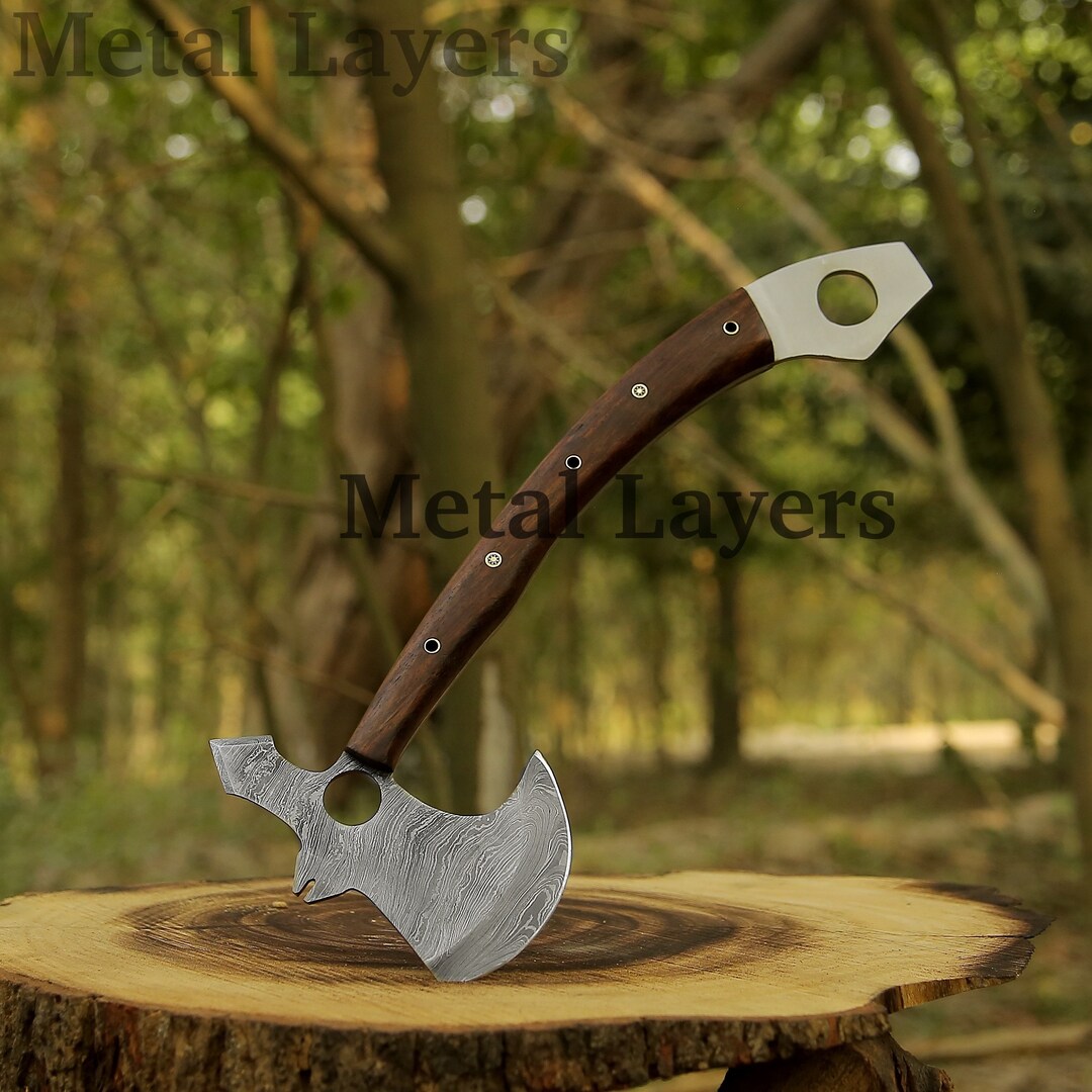 Tactical Battle Ready Ax With Leather Sheath, Handcrafted Damascus ...