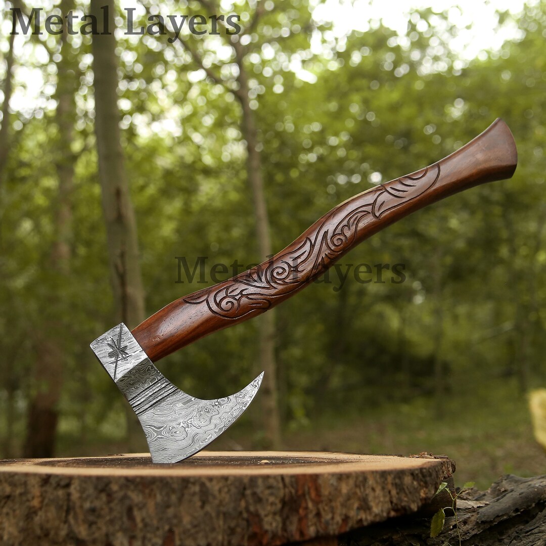 Hand-forged Damascus Steel Ax for Camping and Survival, Durable Ax for ...