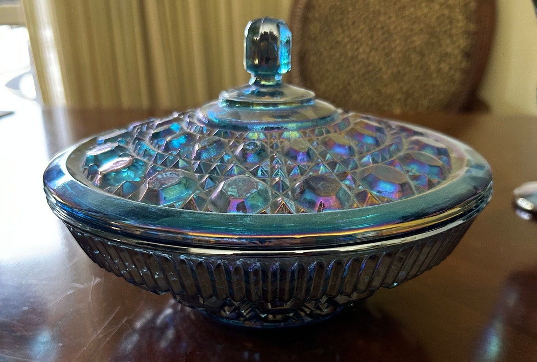 Blue Carnival Glass Candy Dish - Etsy