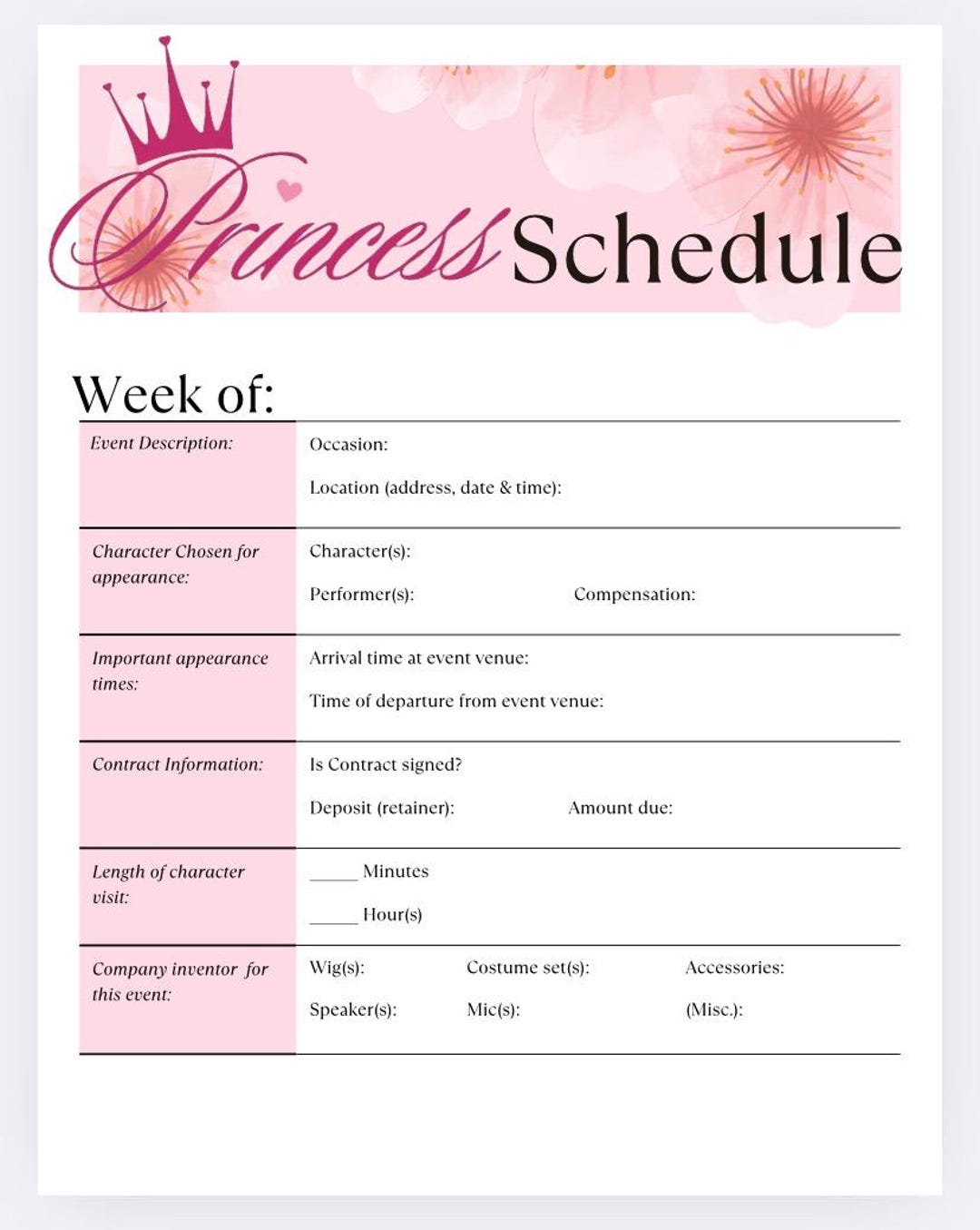 Princess Schedule PDF Print Out File - NOT a Physical Product - Etsy