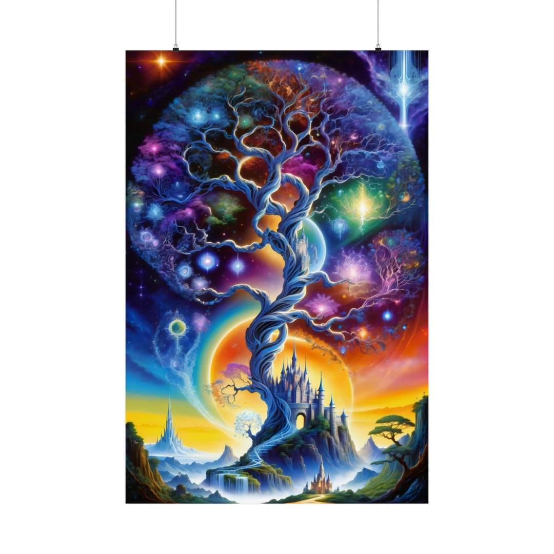 Colorful Fantasy Tree Castle Poster Vibrant Wall Art Whimsical Home ...