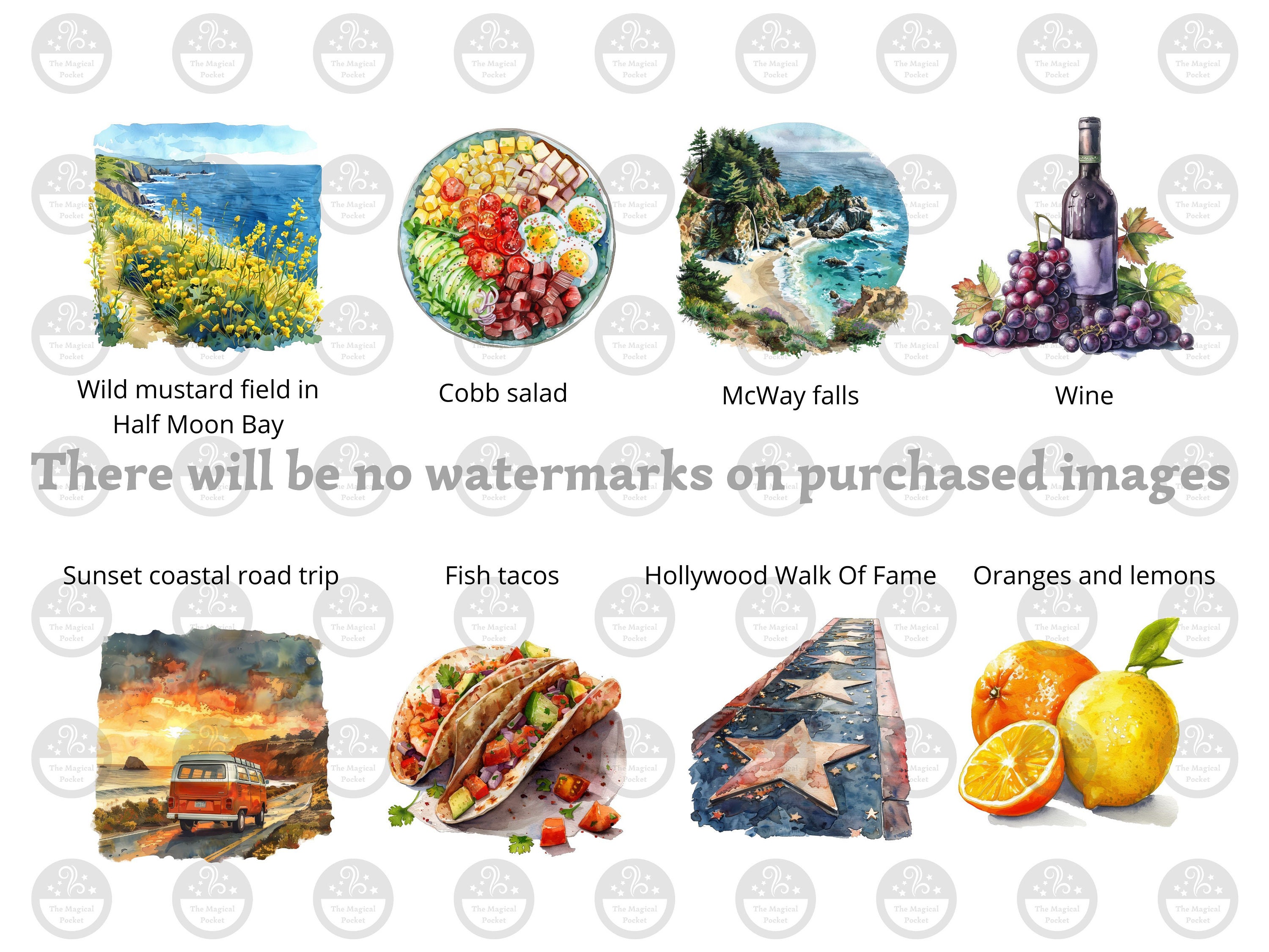 Watercolor California State Clipart Bundle, Los Angeles CA Clip Art Set ...