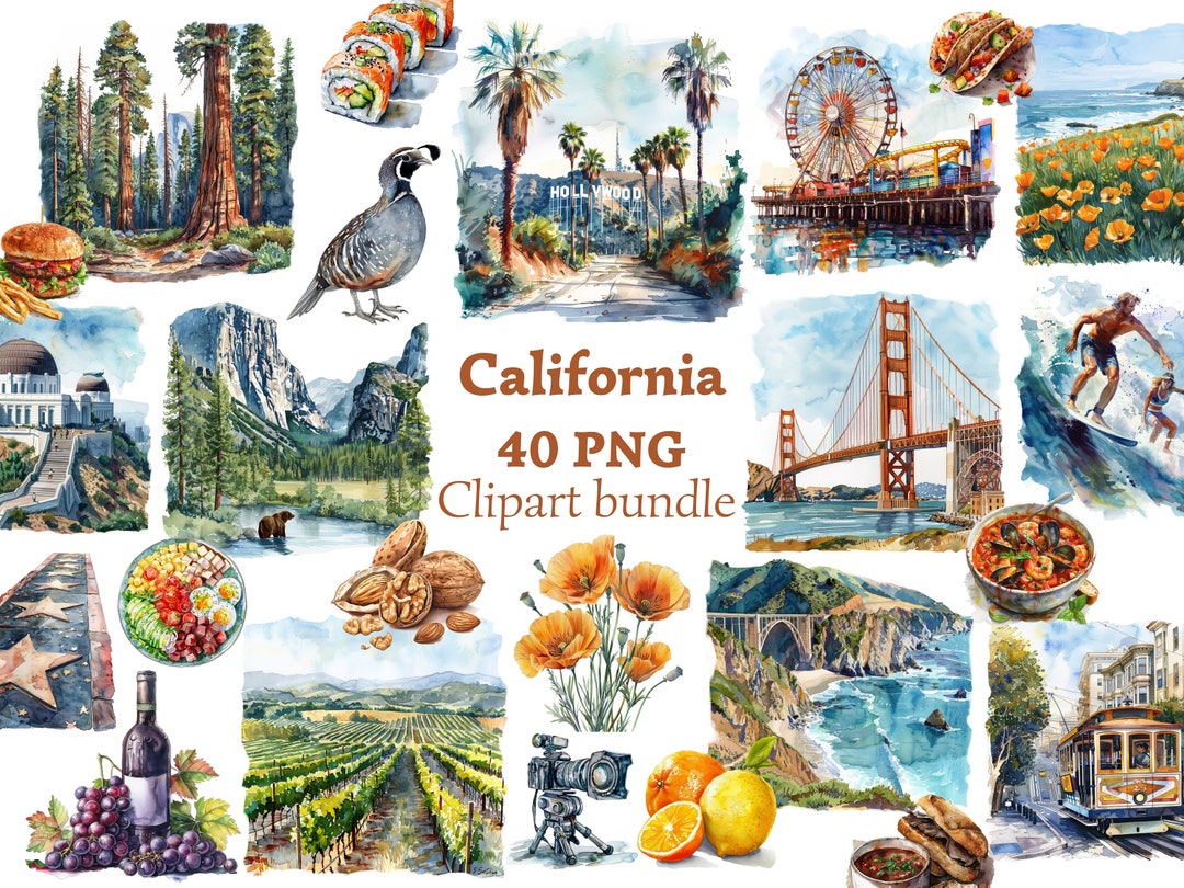 Watercolor California State Clipart Bundle, Los Angeles CA Clip Art Set ...