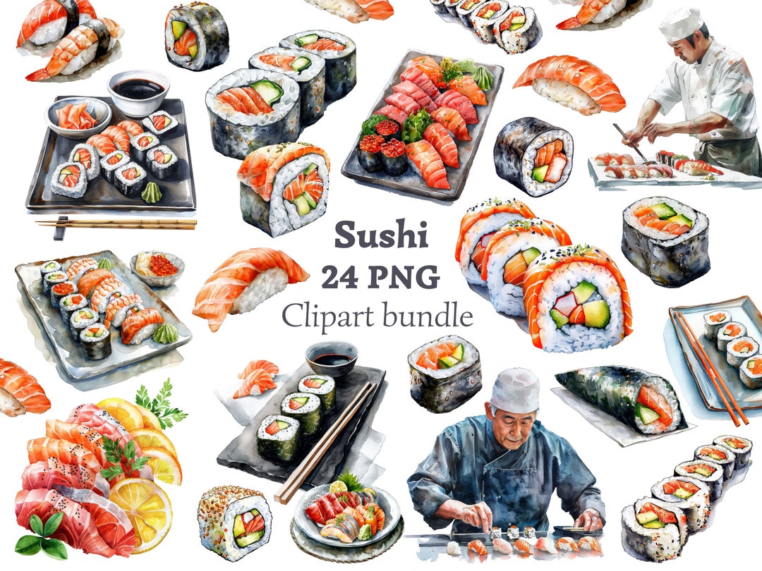 Watercolor Sushi Clip Art Set PNG, Japanese Food Clipart Bundle, Japan ...