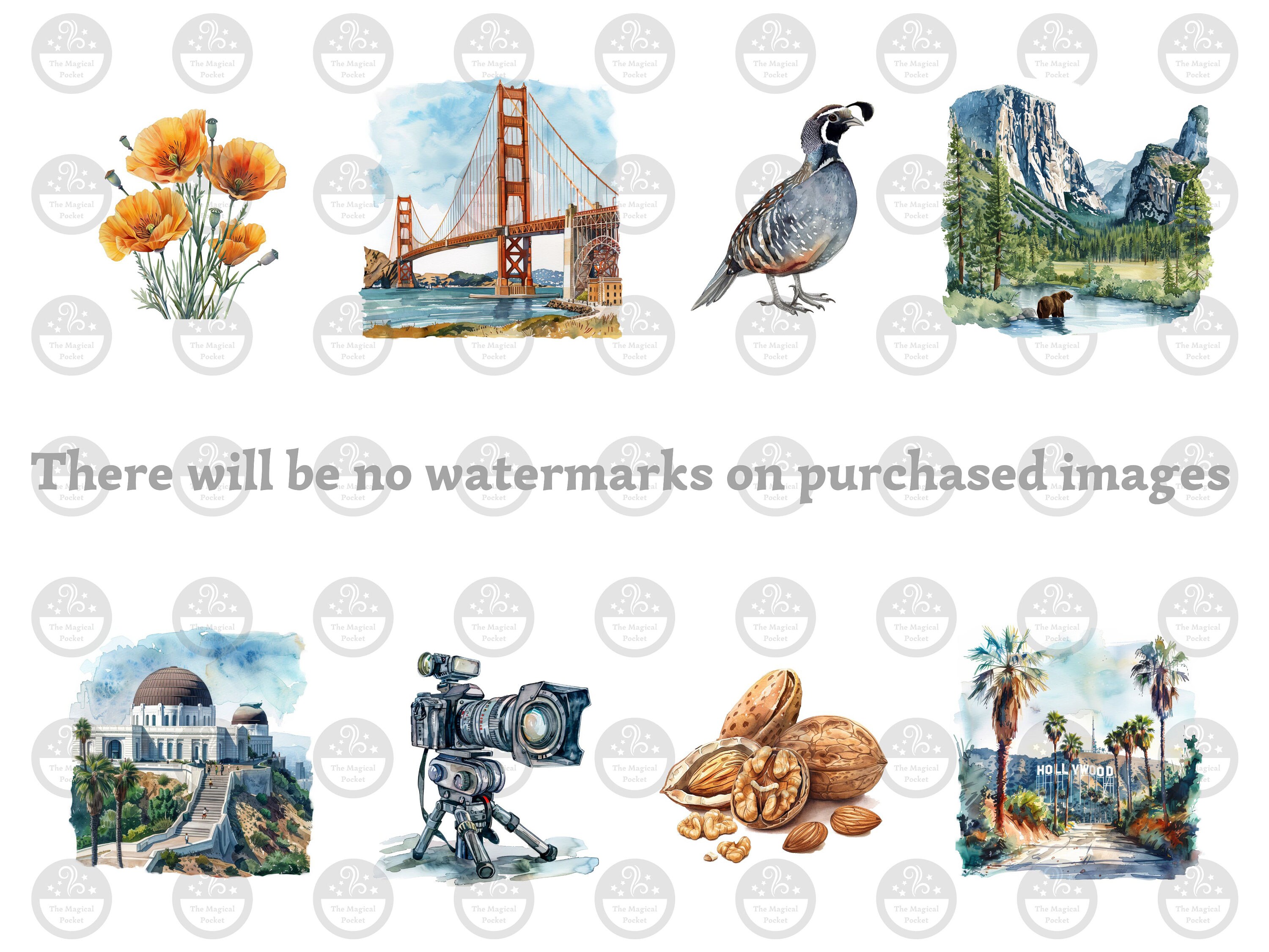 Watercolor California State Clipart Bundle, Los Angeles CA Clip Art Set ...