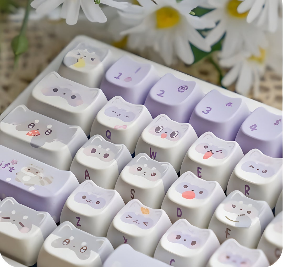 Kawaii Raccon Keycap, Purple Cat Ear Raccon Keycap Set, 141PCS Lilac ...