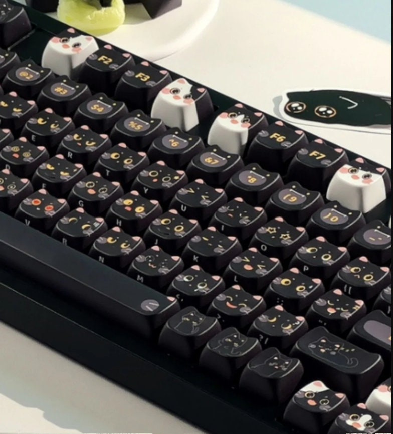 141PCS, Black Cat Milk Theme Keycap Set, Cute Keycap, PBT Keycap, Cat ...