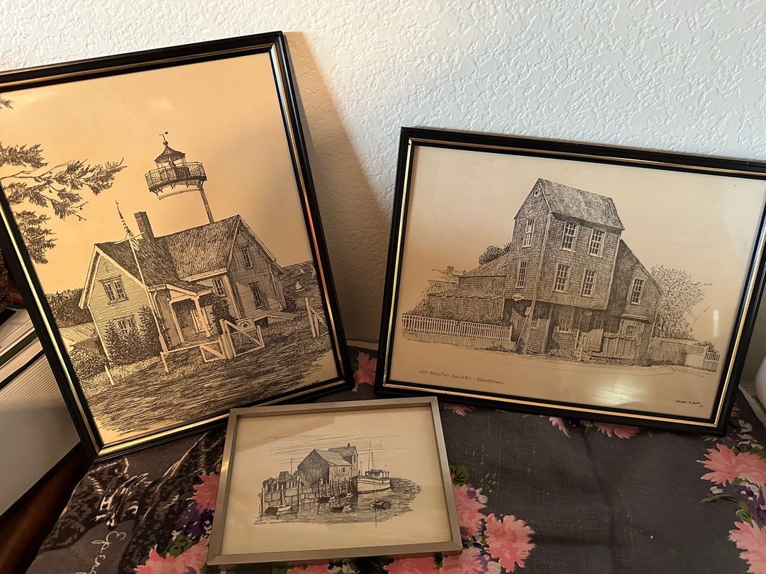 Vintage CM Goff Pen Drawings, Coastal Artwork, Sailboat and Lighthouse ...