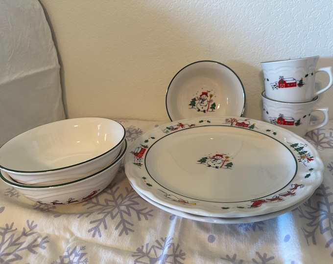 Pfaltzgraff Snow Village Christmas Luncheon Plates Snowman Santa’s ...