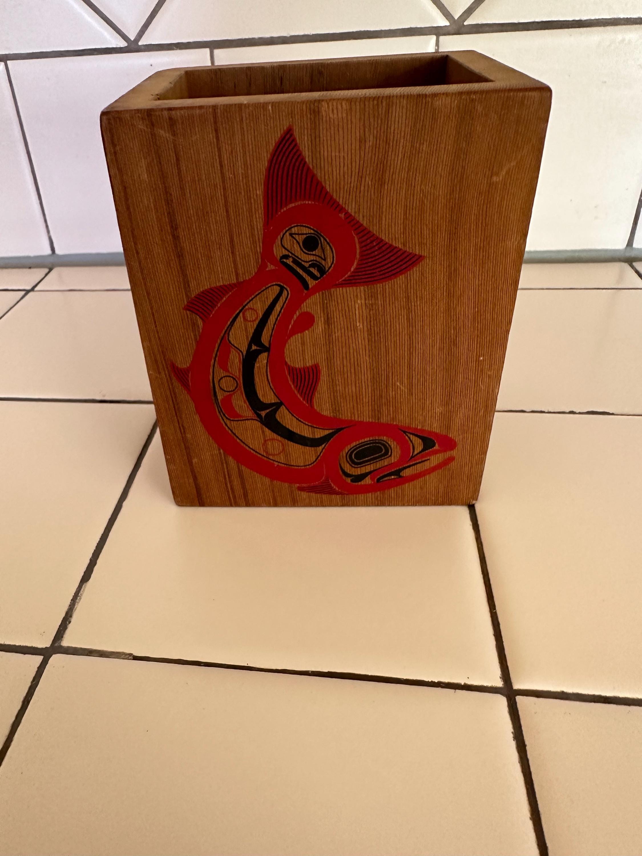 Skagit Tribe Art on Cedar Box, Salmon Wooden Pencil Cup, Upper Skagit ...