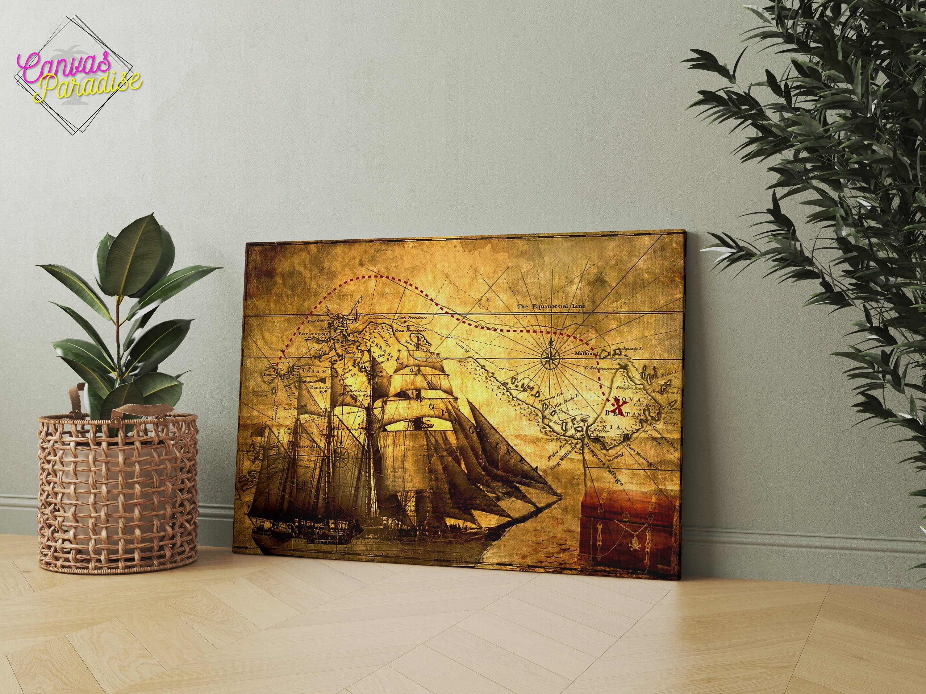 Pirate Map Canvas, Treasury Map Canvas, Compass Canvas, Treasure Canvas ...