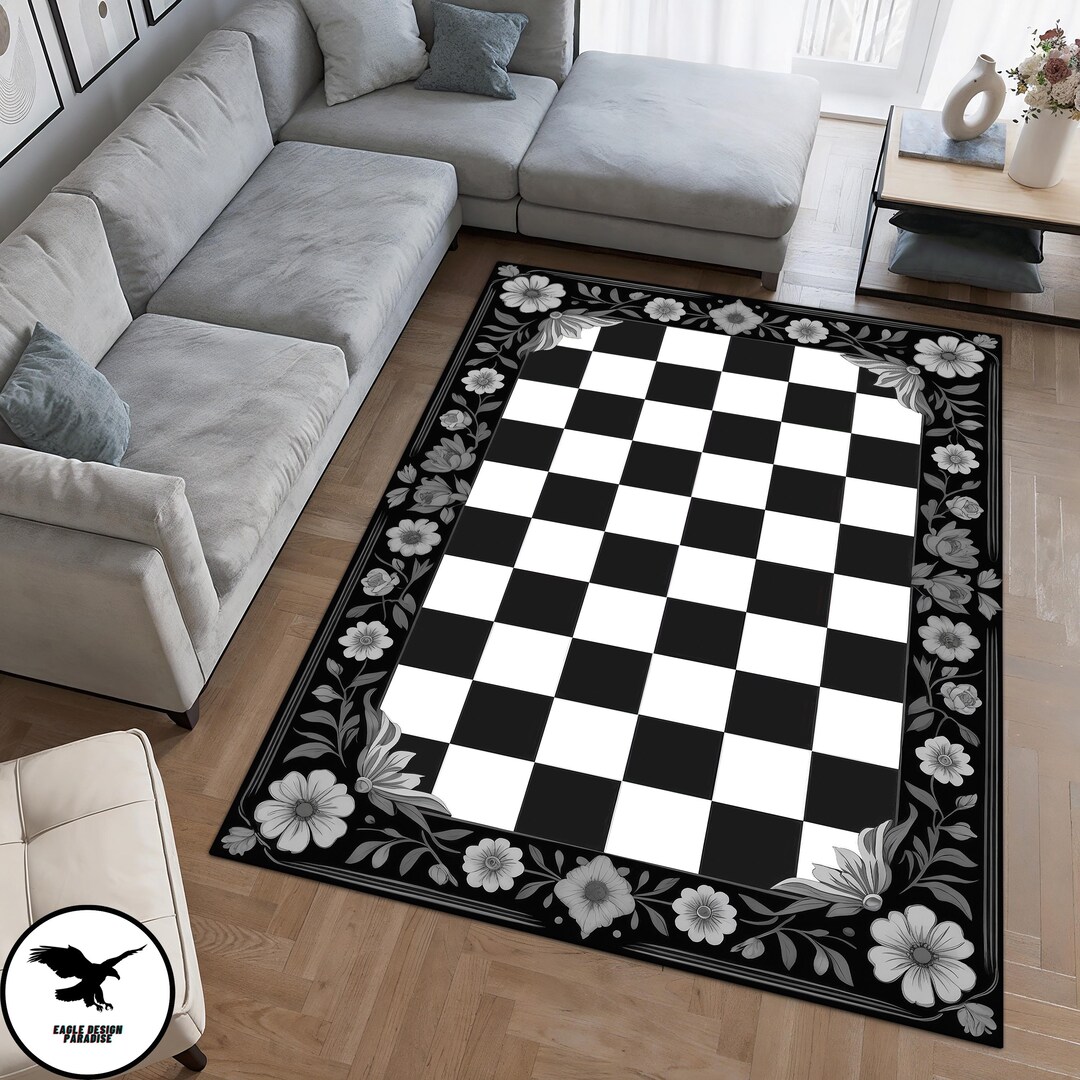 Floral Border Checkered Rug, Black and White Rug for Living Room, Chic ...