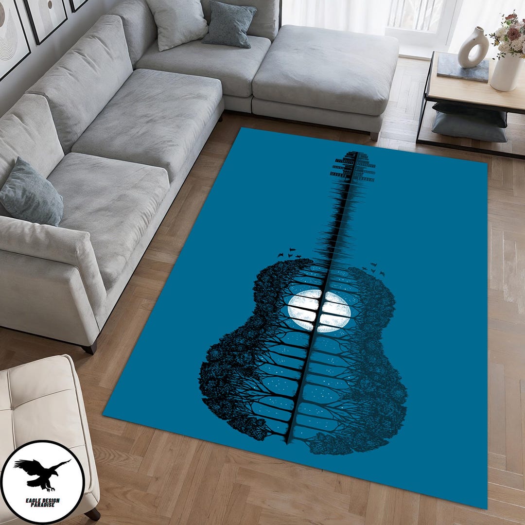 Guitar Patterned Cool Rug, Blue and Black Music Theme Carpet, Cool Boys ...