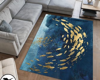 Koi Fish Rug, Abstract Gold Rug, Ocean Watercolor Rug, Luxury Painting ...
