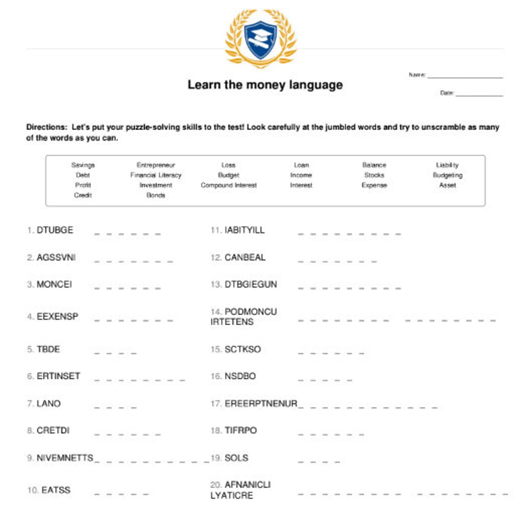 Printable Word Puzzle - Learn the Money Language (personal Finance) - Etsy