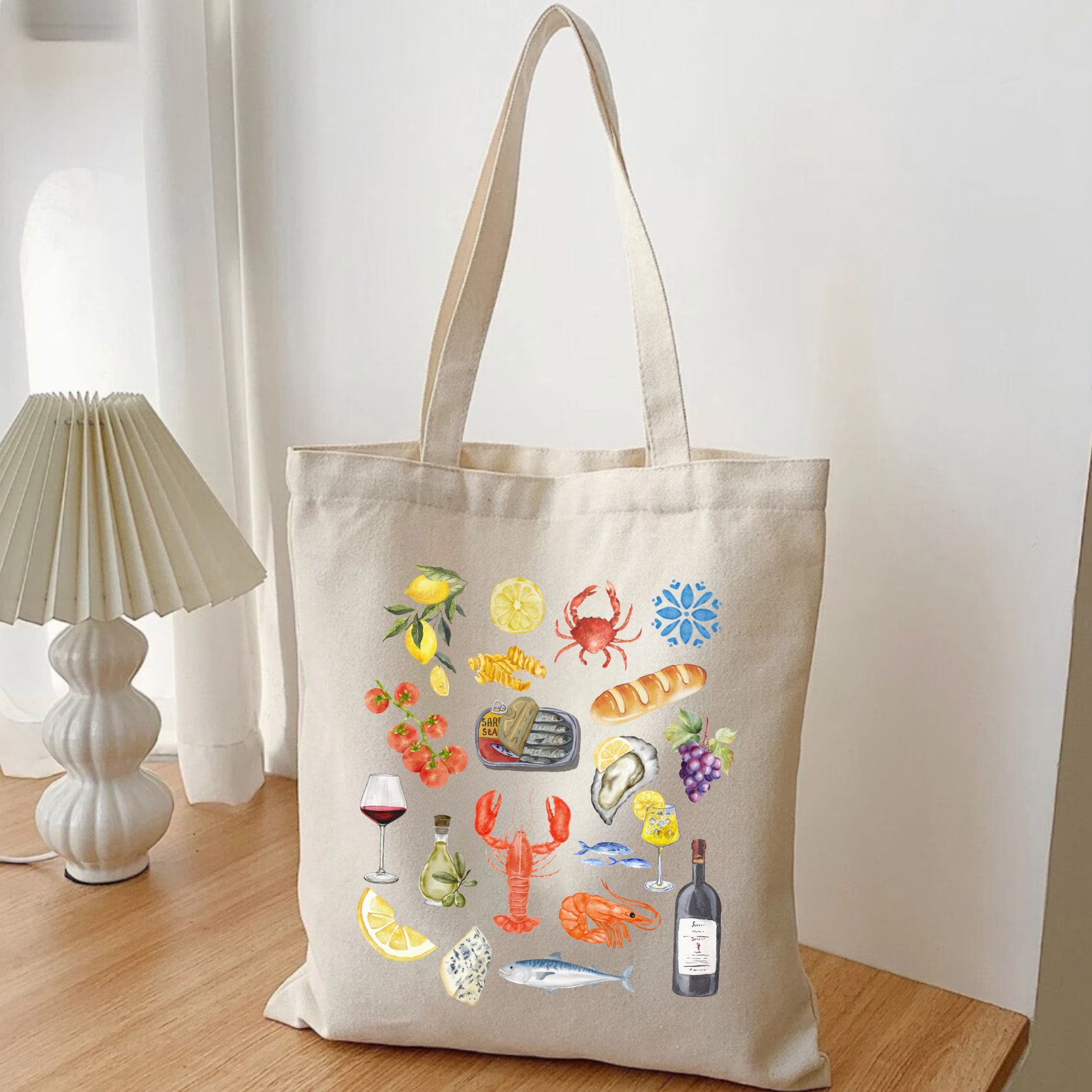 Italian Summer Beach Canvas Tote Bag Aesthetic Thin Fish Sardines ...
