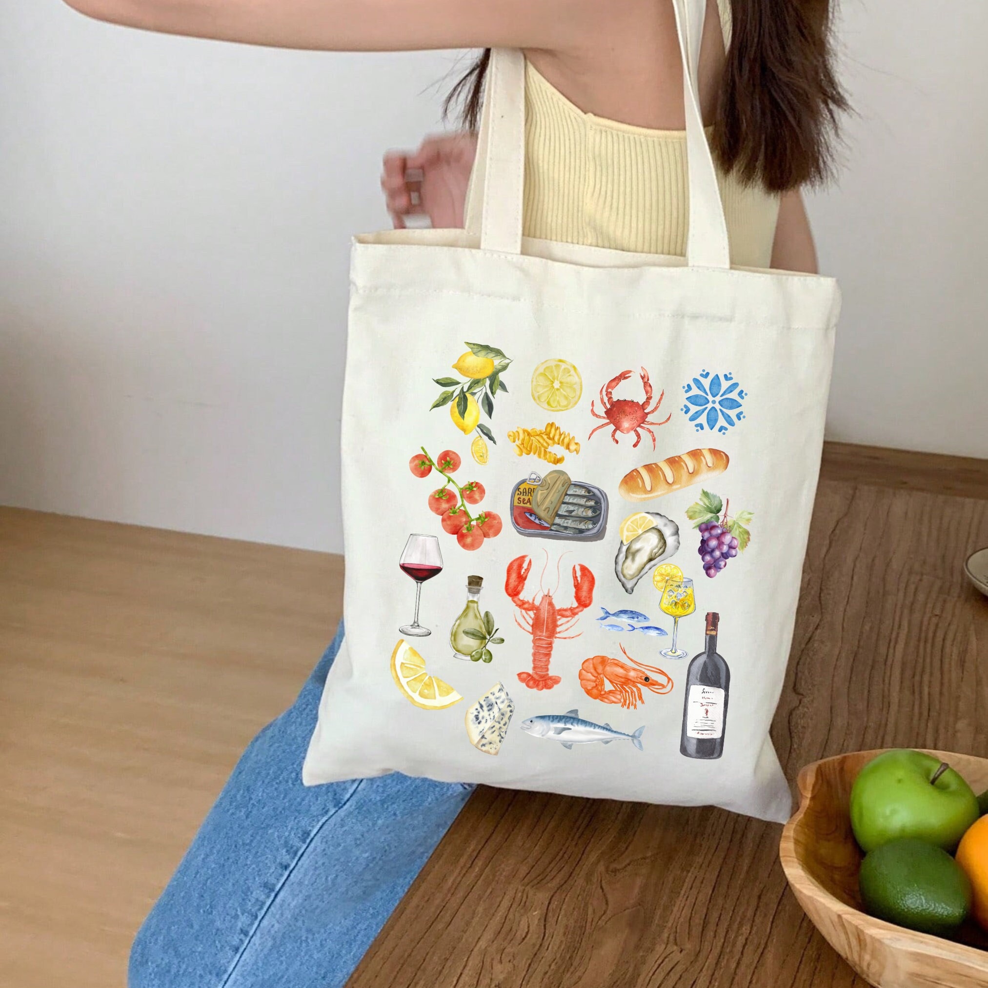 Italian Summer Beach Canvas Tote Bag Aesthetic Thin Fish Sardines ...
