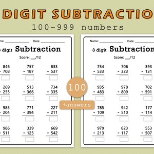 100 Three Digit Subtraction Worksheets, 100-999 Numbers, Printable Math ...