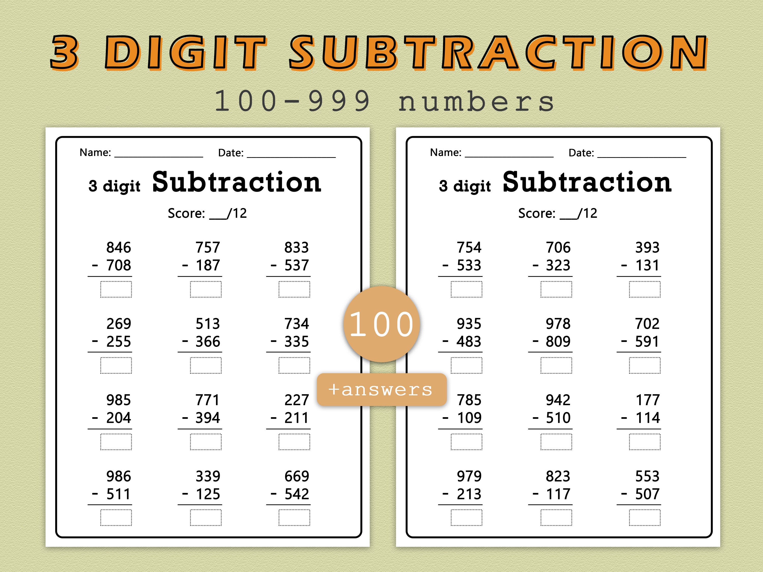 100 Three Digit Subtraction Worksheets, 100-999 Numbers, Printable Math ...