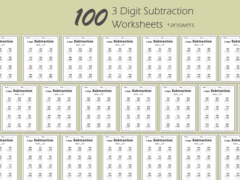 100 Three Digit Subtraction Worksheets, 100-999 Numbers, Printable Math ...