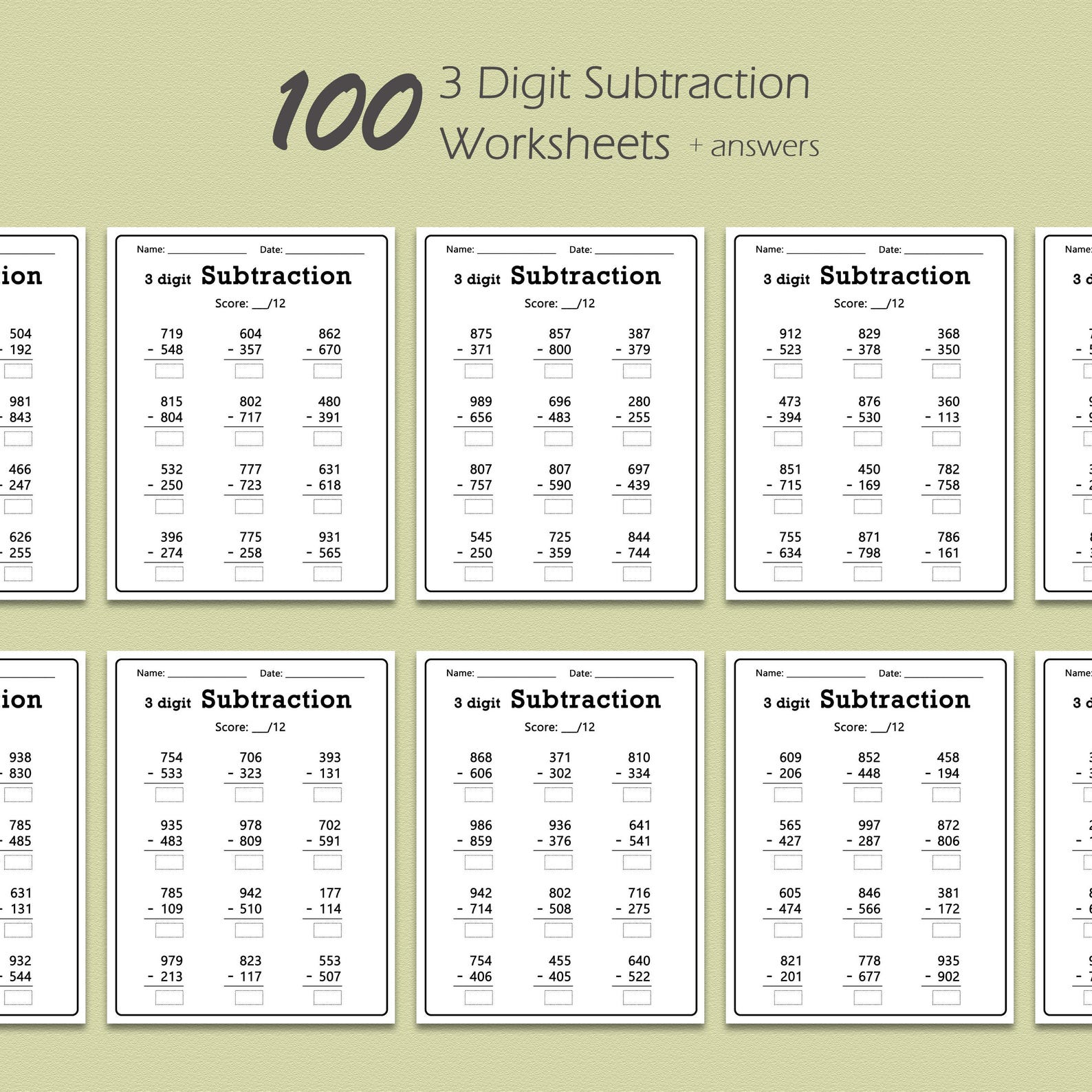 100 Three Digit Subtraction Worksheets | Printable Math Worksheets, 100 ...