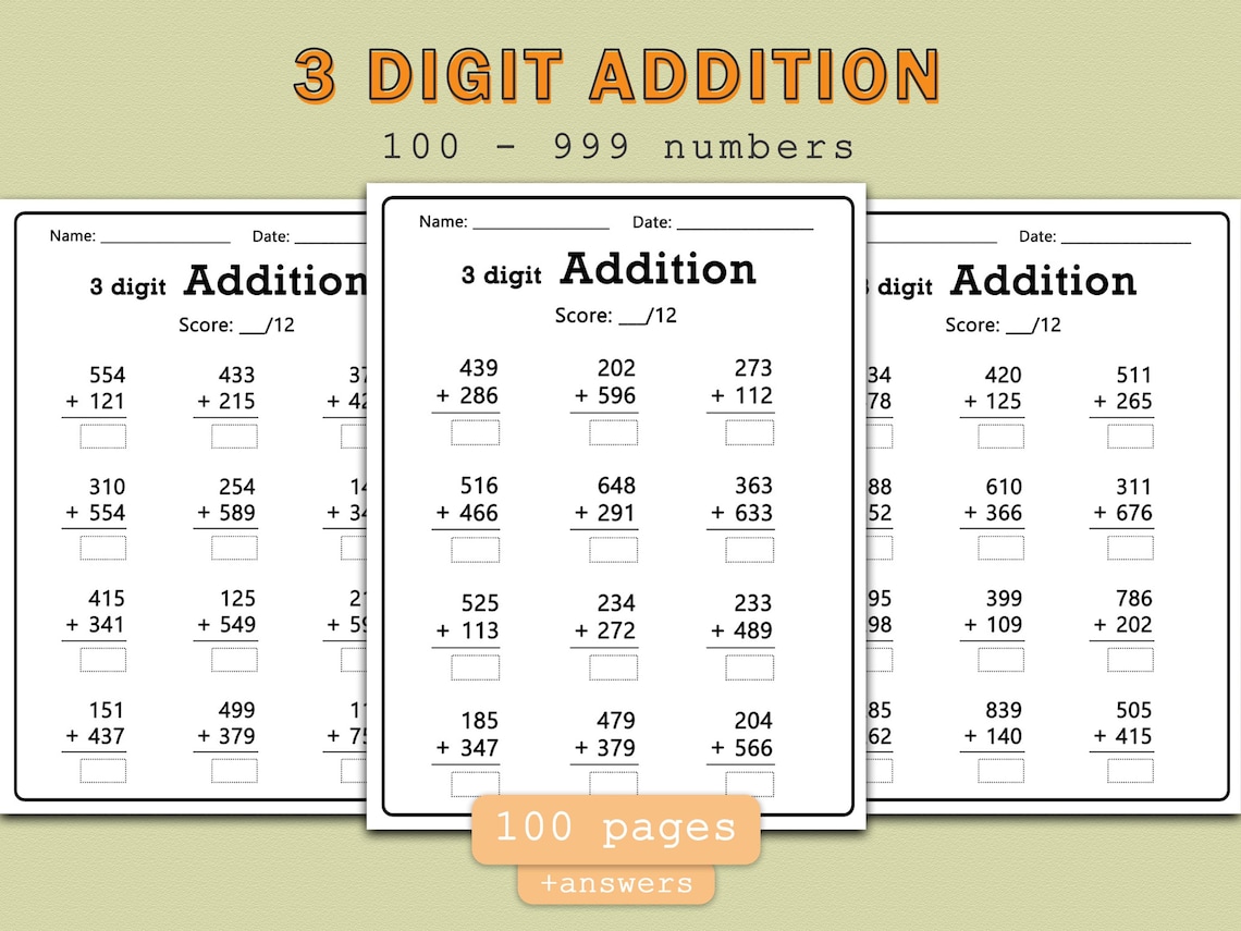 100 Three Digit Addition Worksheets | Printable Math Worksheets, 100 ...