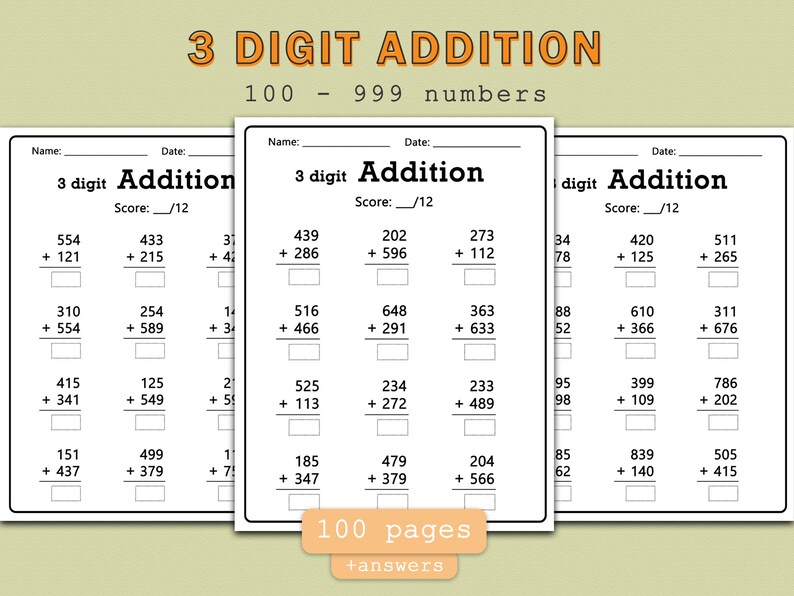 100 Three Digit Addition Worksheets | Printable Math Worksheets, 100 ...