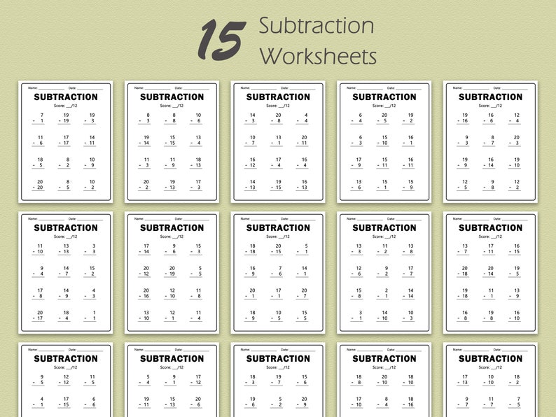 15 Subtraction Math Worksheets, Within 20, Printable - Etsy