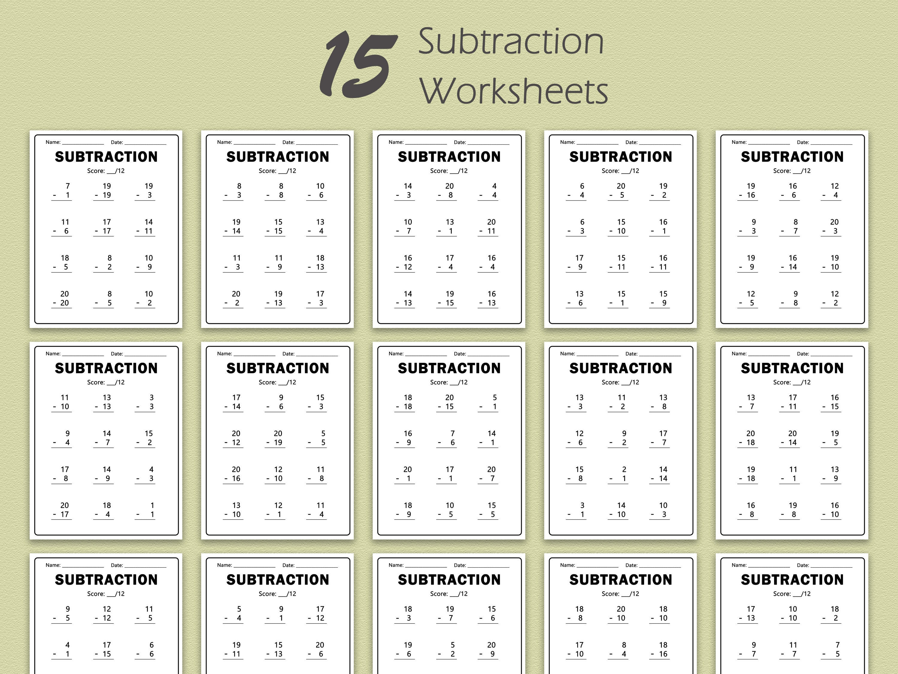 15 Subtraction Math Worksheets, Within 20, Printable - Etsy