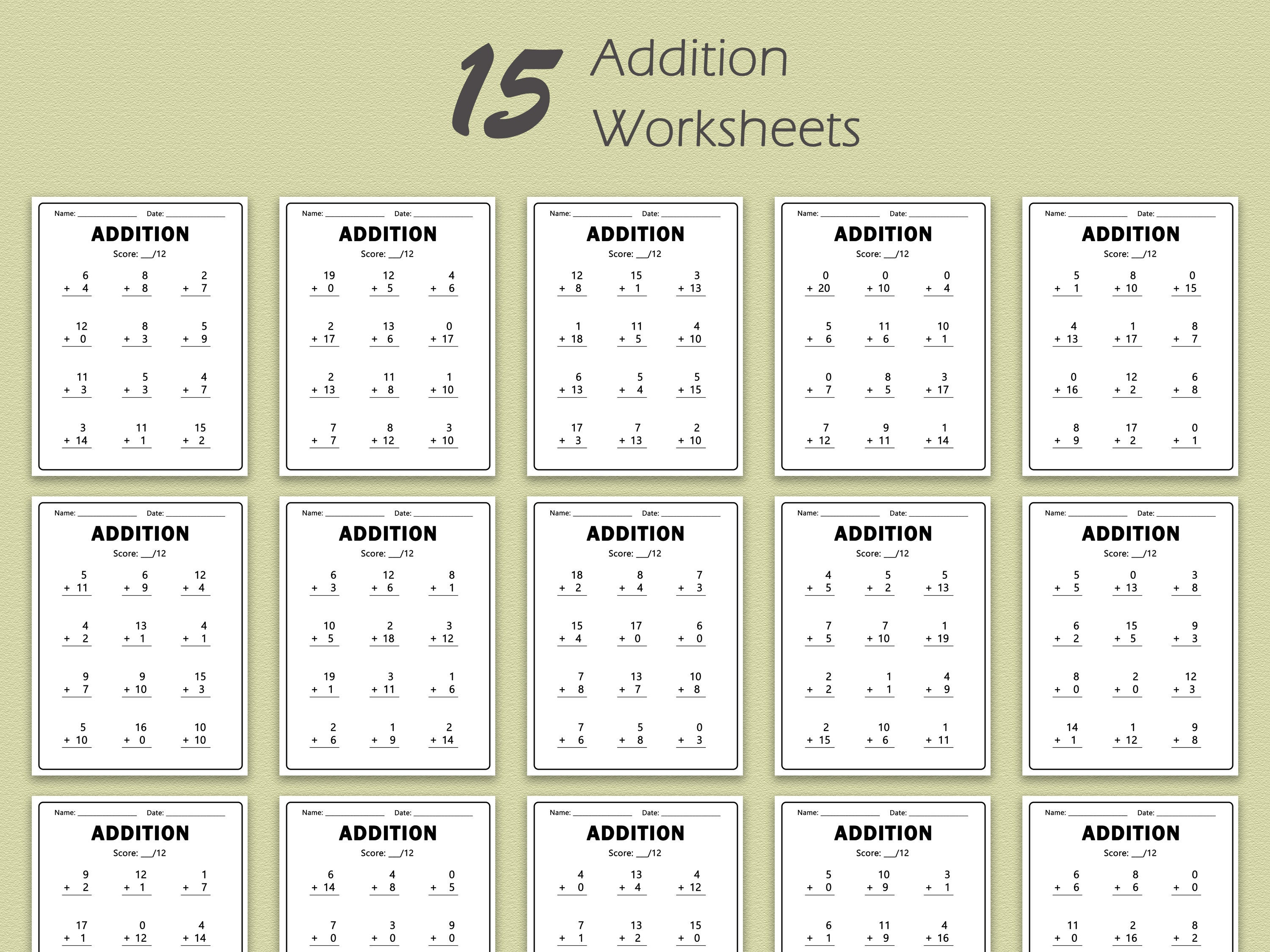 15 Addition Math Worksheets, Sum up to 20, Printable - Etsy