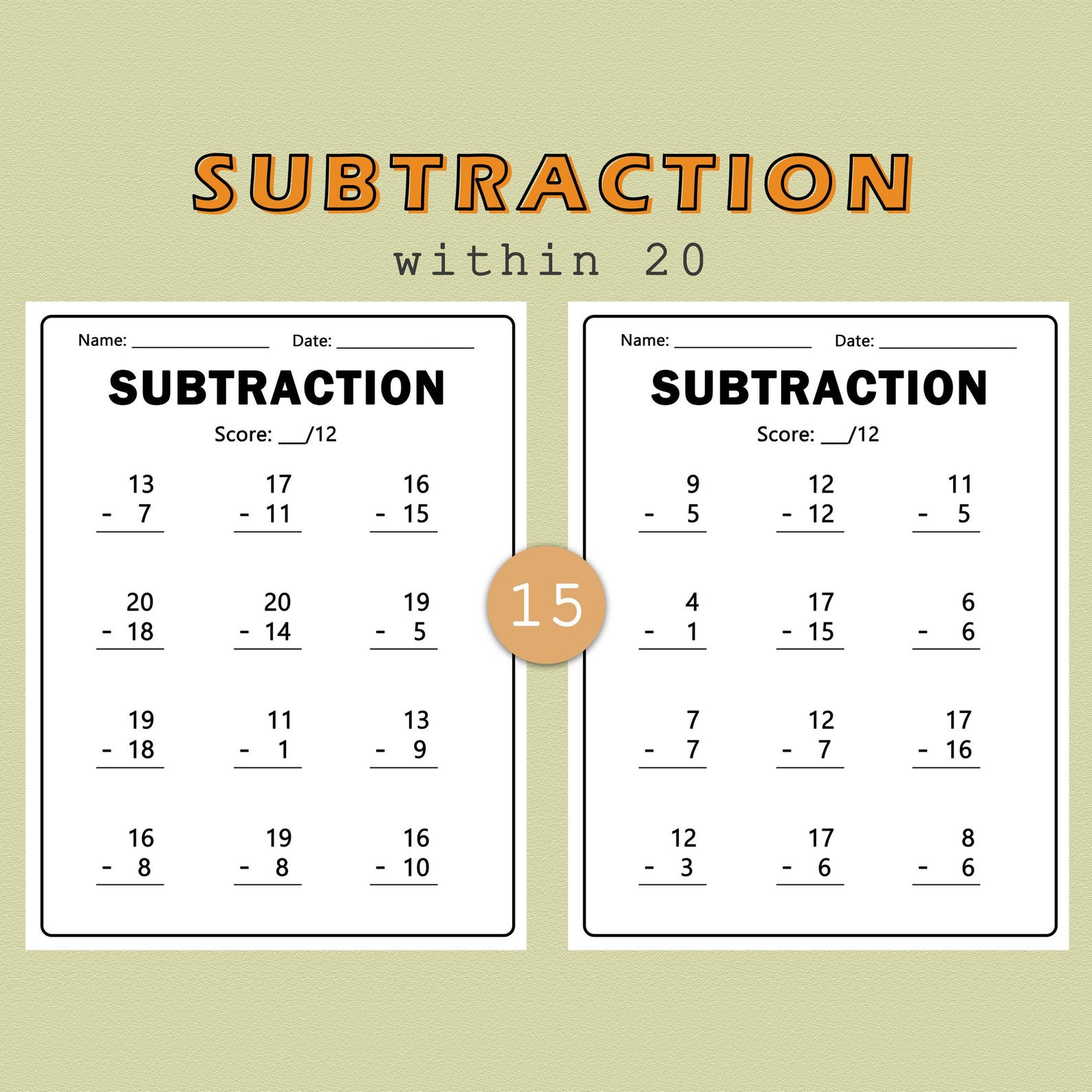 15 Subtraction Math Worksheets, Within 20, Printable - Etsy