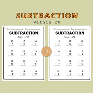 15 Subtraction Math Worksheets, Within 20, Printable - Etsy