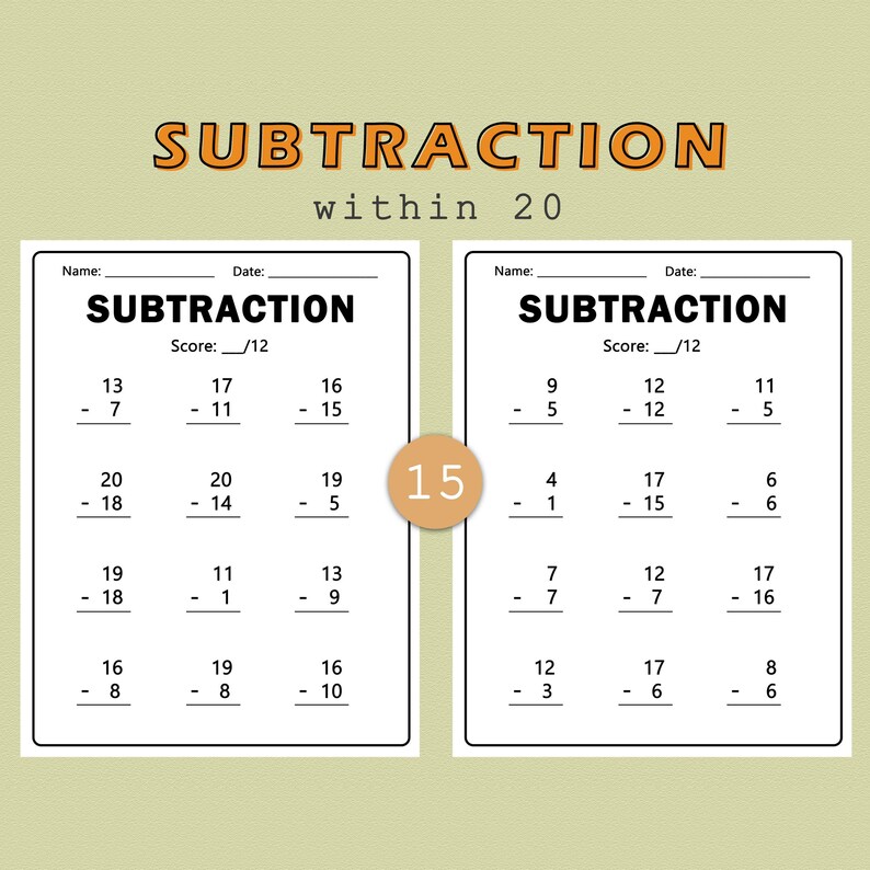 15 Subtraction Math Worksheets, Within 20, Printable - Etsy