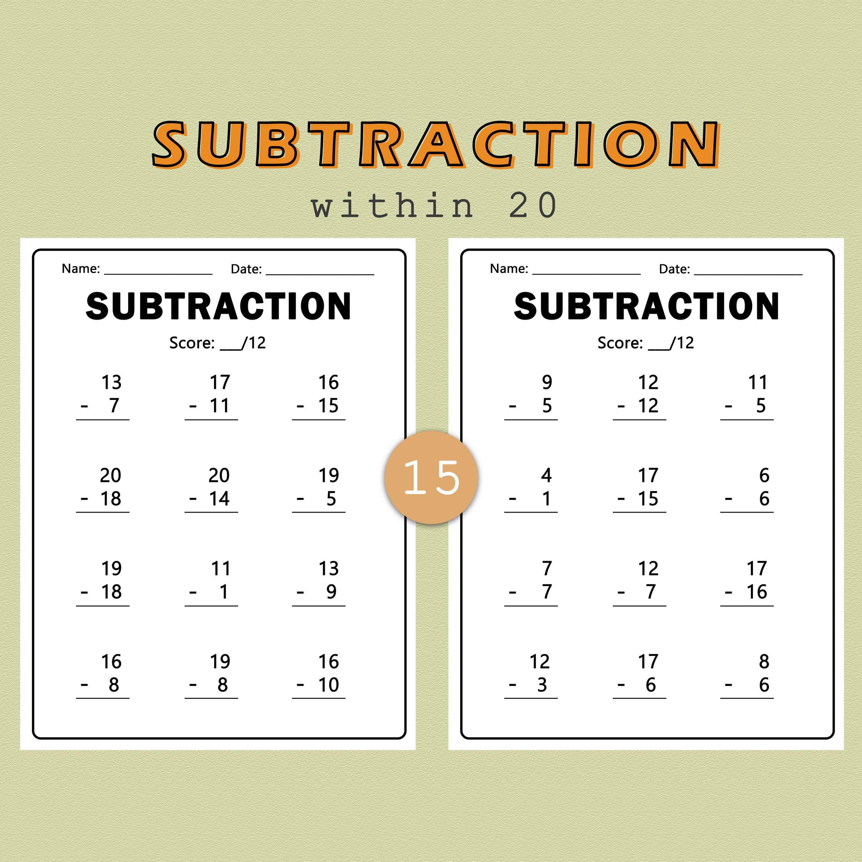 15 Subtraction Math Worksheets, Within 20, Printable - Etsy