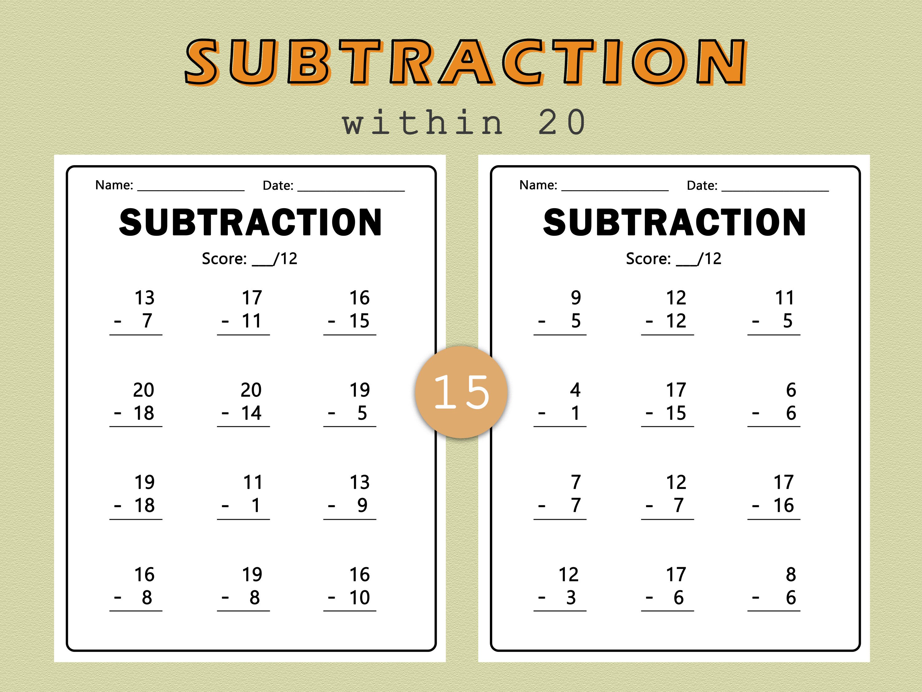 15 Subtraction Math Worksheets, Within 20, Printable - Etsy
