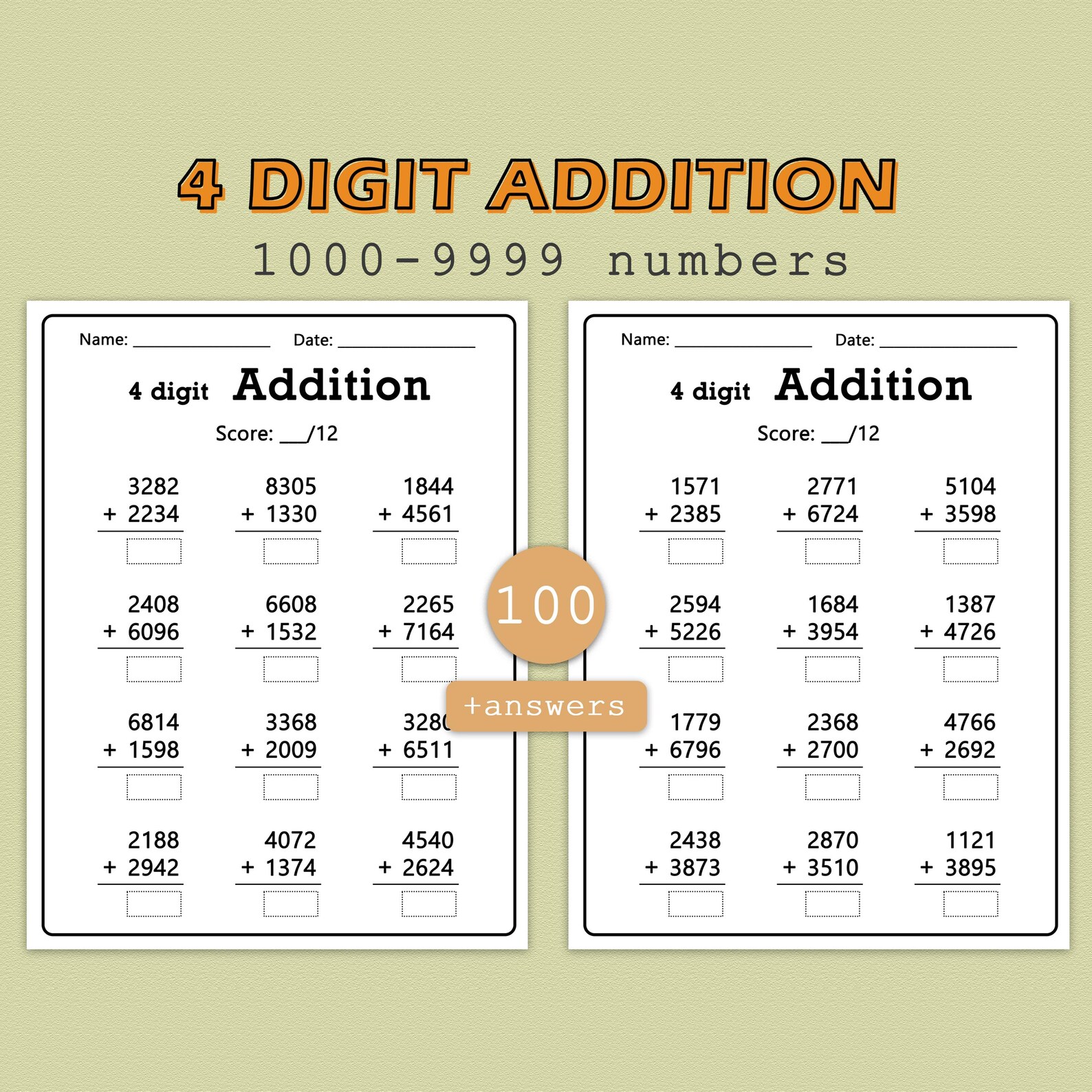 100 Four Digit Addition Worksheets, 1000-9999 Numbers, Printable Math ...