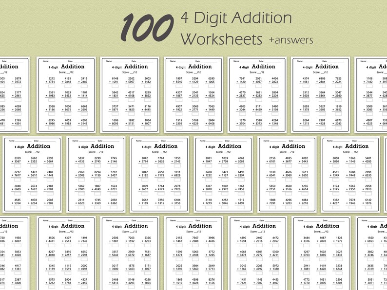 100 Four Digit Addition Worksheets, 1000-9999 Numbers, Printable Math ...