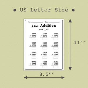 100 Four Digit Addition Worksheets, 1000-9999 Numbers, Printable Math ...