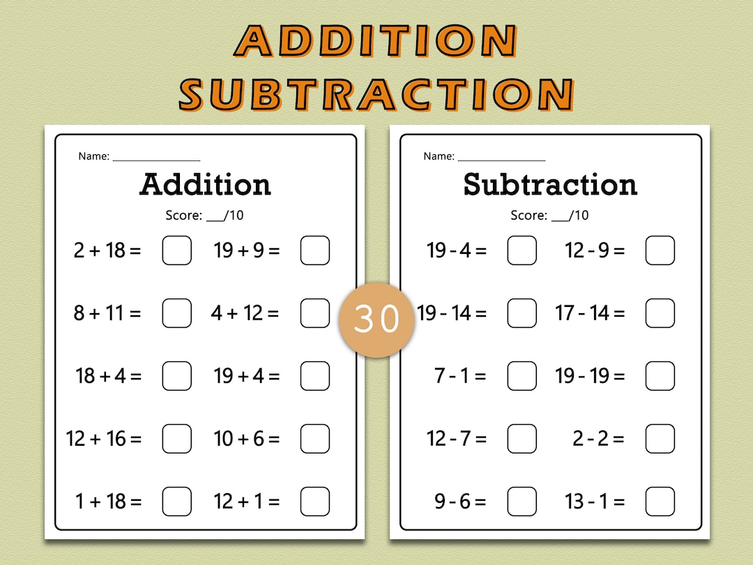 Addition & Subtraction Math Worksheets 1-20 Numbers - Etsy