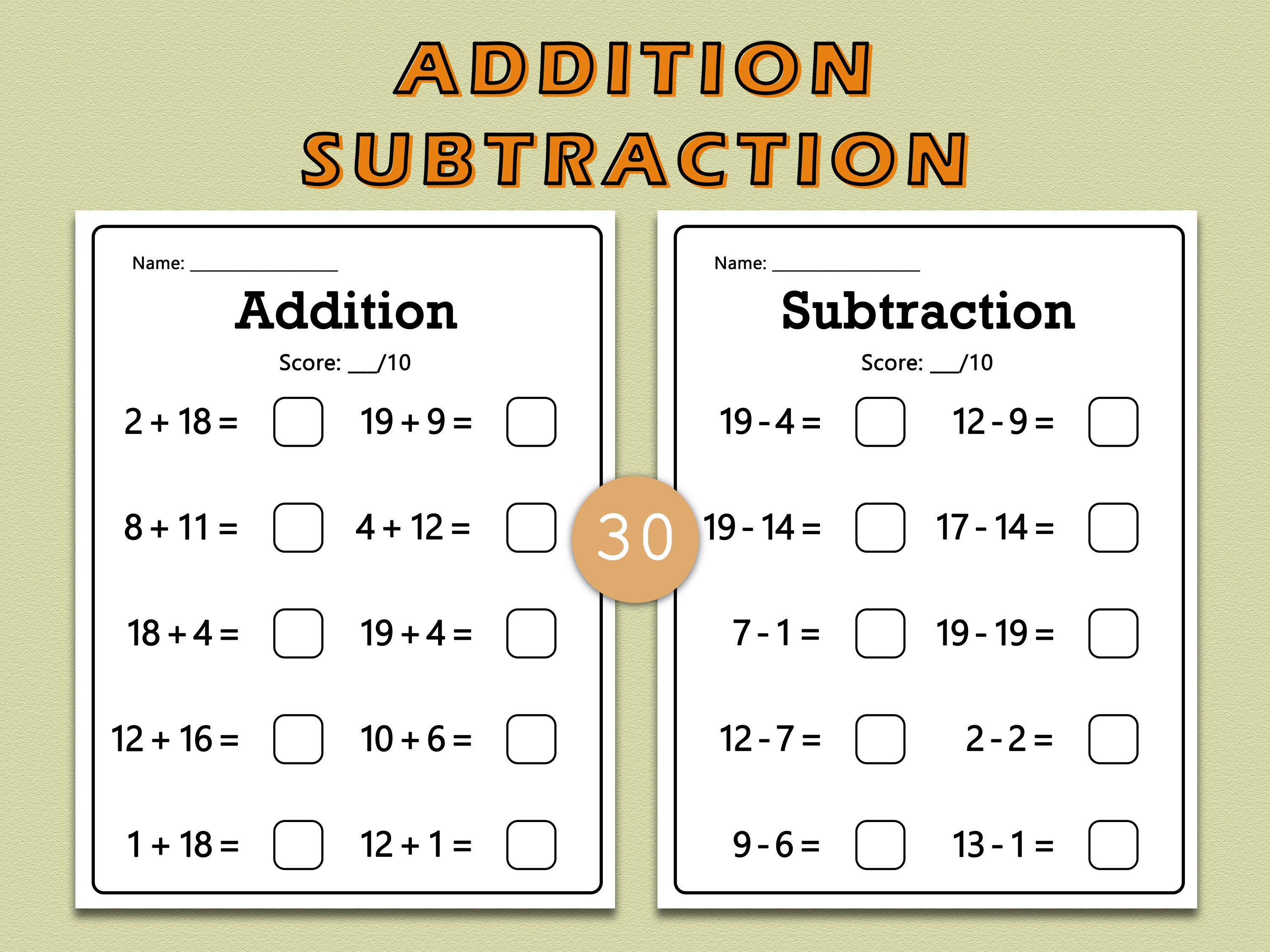 Addition & Subtraction Math Worksheets 1-20 Numbers - Etsy