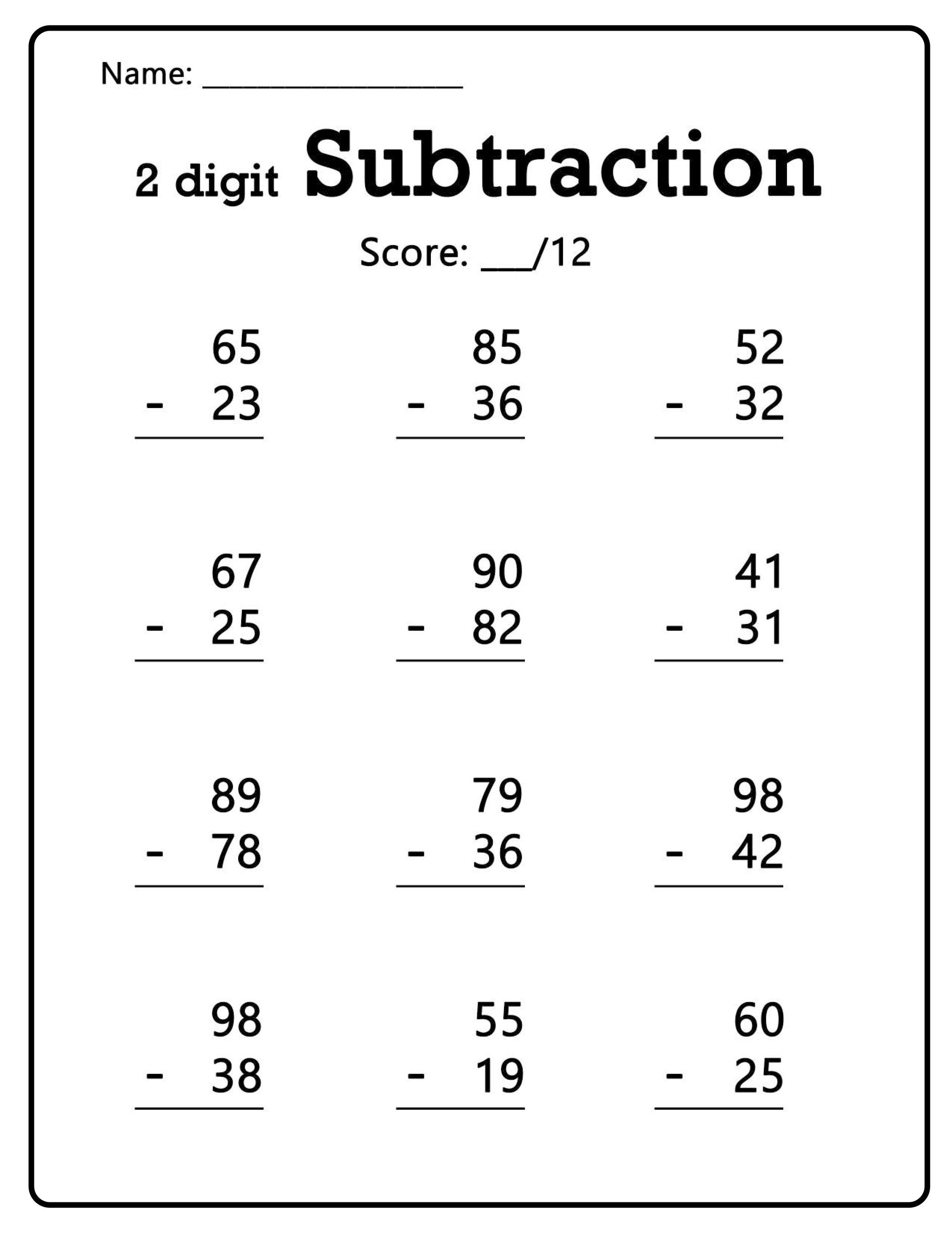 50 Two Digit Subtraction Worksheets | Printable Math Worksheets, 10-99 ...