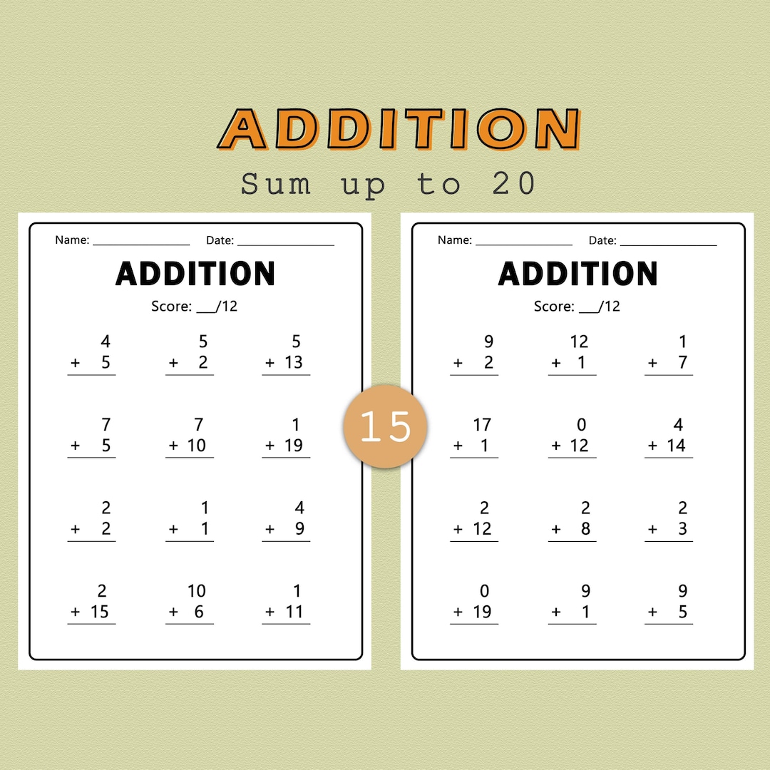 15 Addition Math Worksheets, Sum up to 20, Printable - Etsy