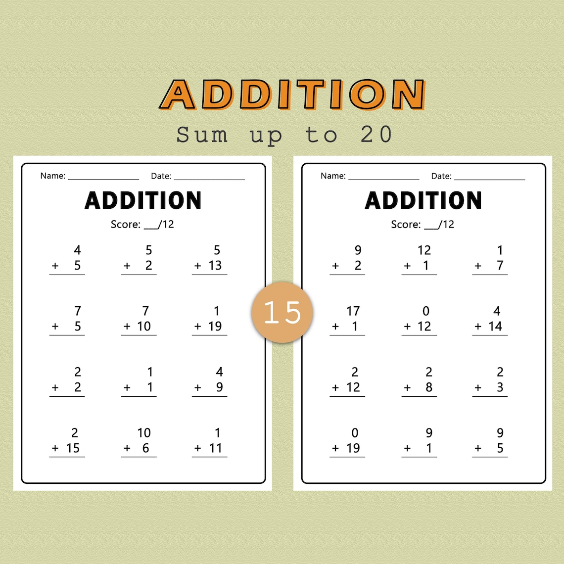 15 Addition Math Worksheets, Sum up to 20, Printable - Etsy